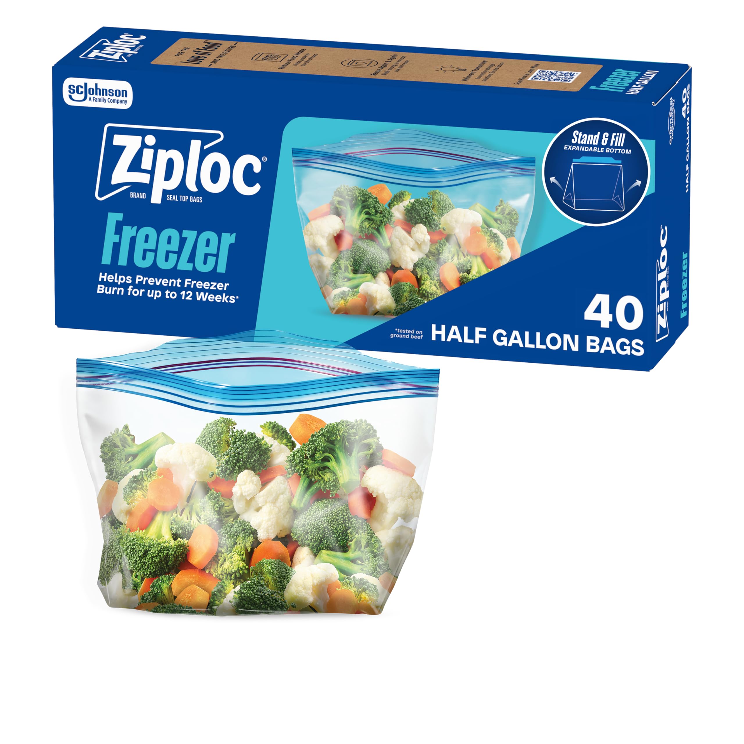 Ziploc Half Gallon Food Storage Freezer Bags, Easy Open and Close, 40 ...